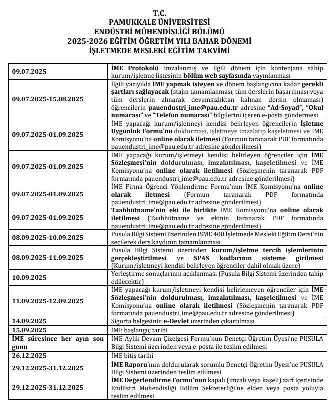 2025-2026 Güz Dönemi ISME 400 - İşletmede Mesleki Eğitim Takvimi